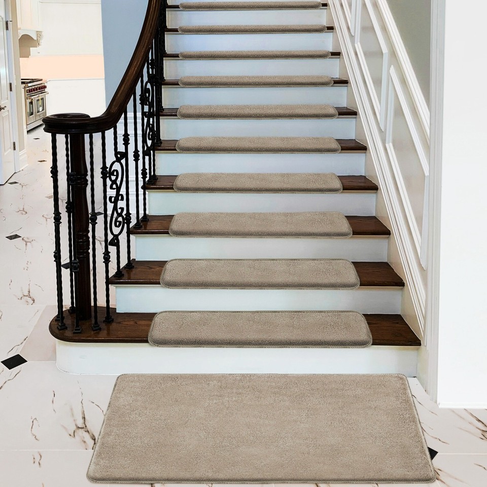 PURE ERA Bullnose Plush Soft Carpet Stair Treads 14pc Set Non-Slip Self ...