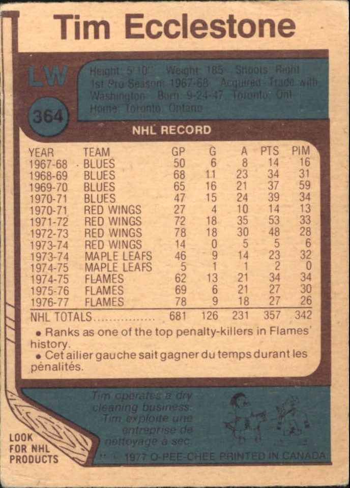 1977-78 O-Pee-Chee Atlanta Flames Hockey Card #364 Tim Ecclestone ...