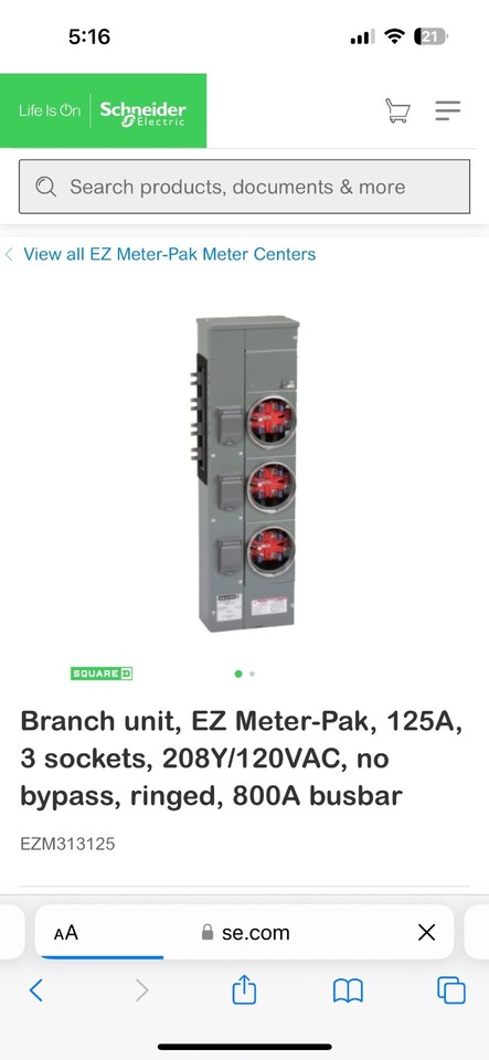 SQUARE D EZM313-125, 800A, 120/208V 3PH Meter Stack (3) 125A Sockets ...