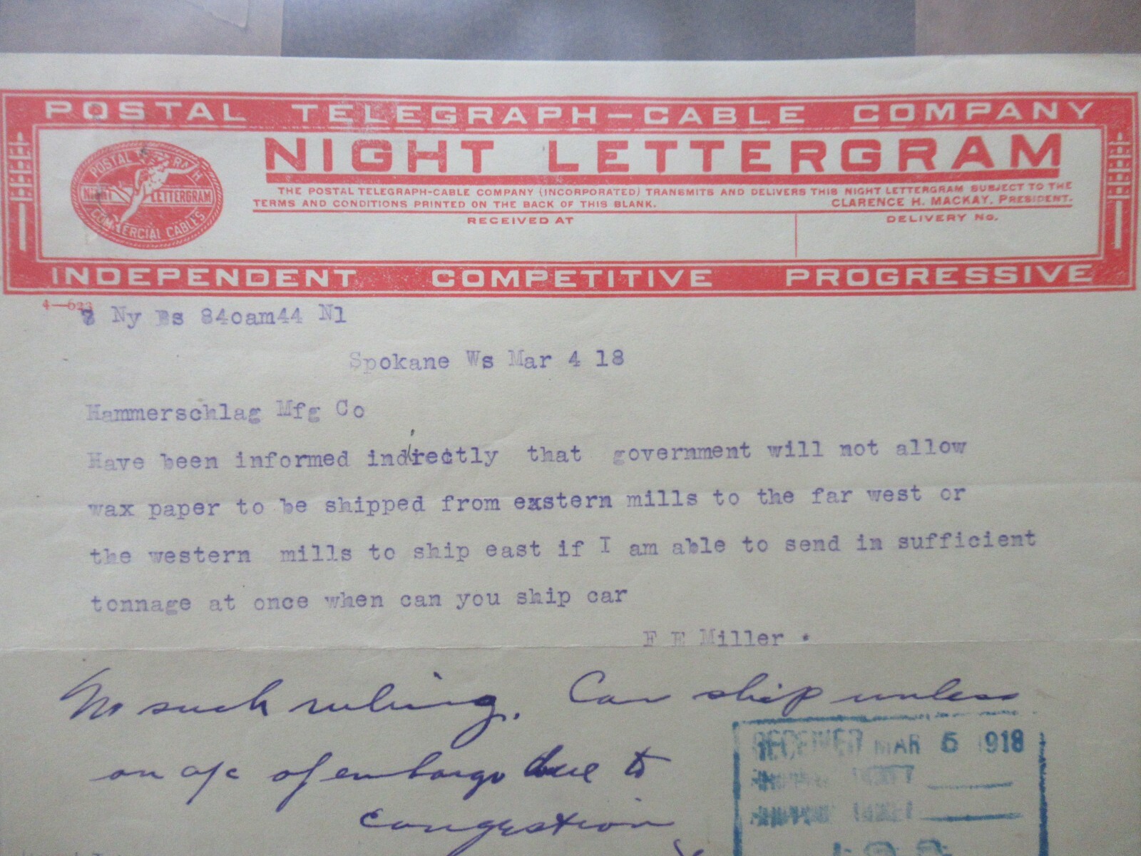 1918 Antique Telegram, WW1, Government prohibits Shipping East-West ...