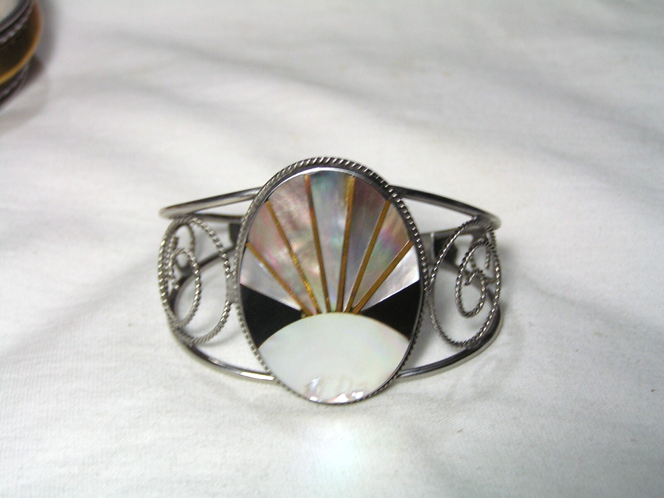 Vintage Color Argento, Madreperla, Abalone, Smalto Nero Crescente Sole ...