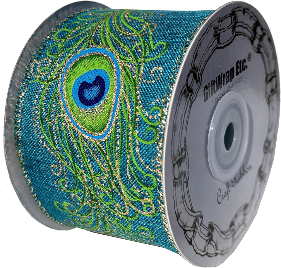 Peacock Print Christmas Wired Ribbon - 2 1/2 Inch X 10 Yards, Tree ...