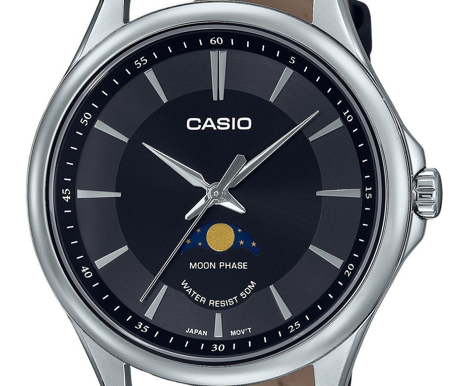 Casio Analog Moon Phase Black Dial Japan Mov't MTP-M100L-1A 50M Mens ...