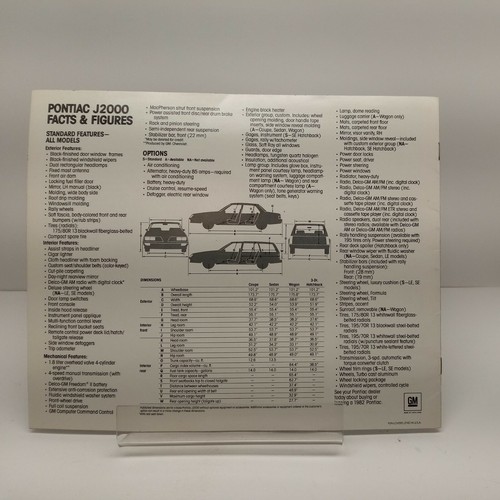 1982 PONTIAC J2000 SALES BROCHURE (VG) HATCHBACK SEDAN COUPE WAGON ...