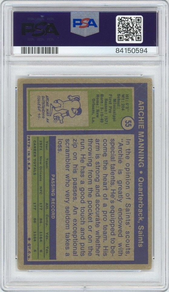 Archie Manning Autographed 1972 Topps Rookie RC “Super” Signed #55 PSA ...