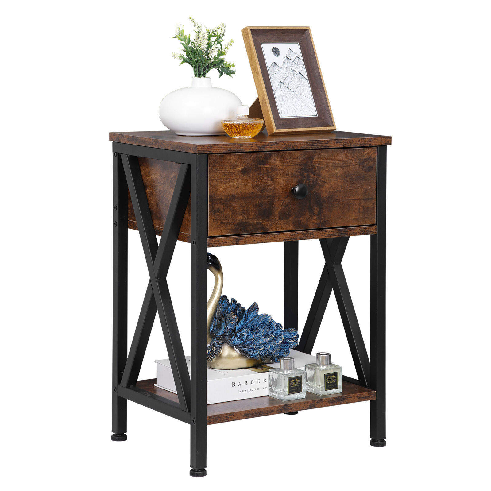 Set of 4 Brown End Table W/ Drawers X Design Small Wooden Side Table ...