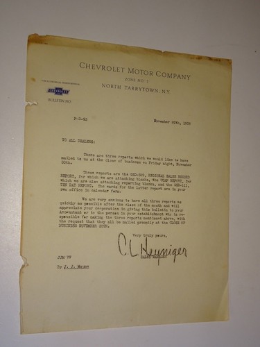 1928 letterhead Chevrolet Motor Company North Tarrytown, NY bulletin | eBay