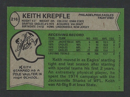 1978 TOPPS #216 KEITH KREPFLE Philadelphia Eagles ROOKIE CARD - 04 | eBay