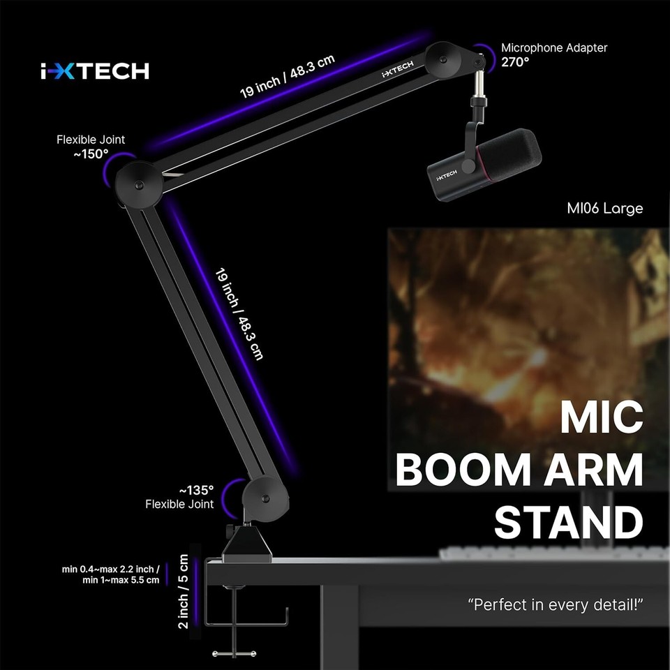 IXTECH Microphone Boom Arm Stand, Heavy Duty Adjustable Mic Stand ...
