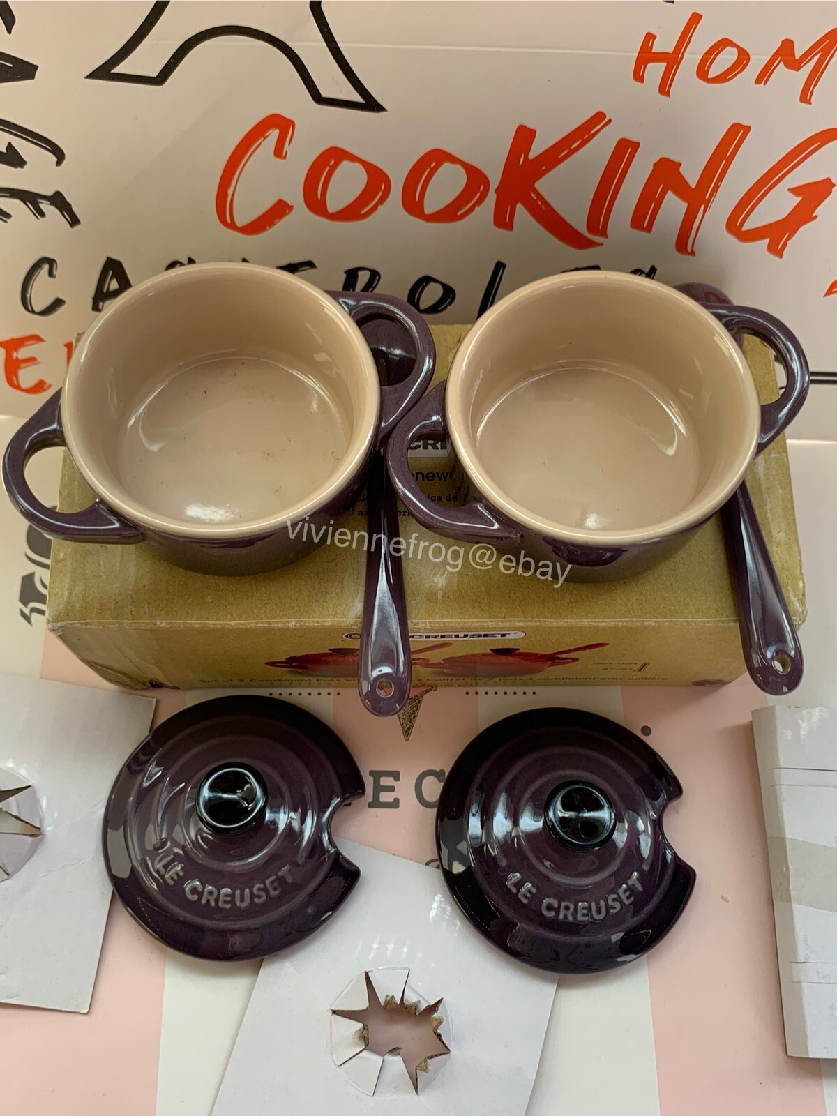 LE CREUSET CASSIS PURPLE MINI CONDIMENT POTS W/SPOONS SET of 2 ...