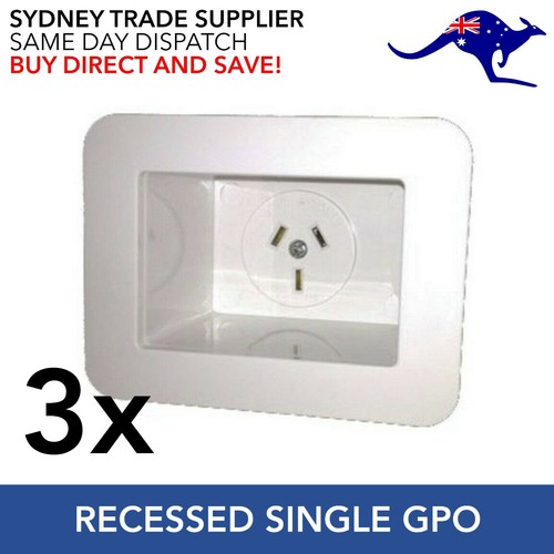3x Recessed Wall Plate Single 1 Gang Electrical Power Point Outlet GPO ...