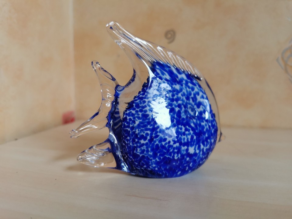 Hand Blown Clear Cobalt Blue Glass Angel Fish Paperweight / Figurine 4. ...