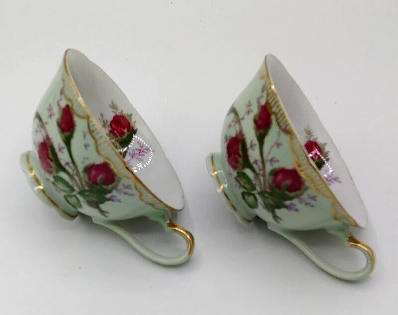 Lefton China Hand Painted Roses Luncheon Set Tea Cup & Plate Green Set ...