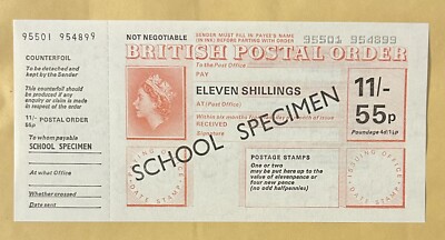 RARE BRITISH POSTAL ORDER 11/- 55p SPECIMEN 1960s Uncirculated ...