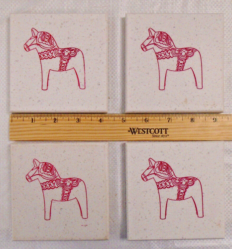 Set of 4 One of a Kind Corian Coasters w/Red Swedish Dala Horse Design ...