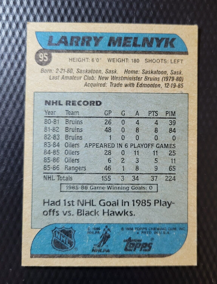 1986-87 Topps LARRY MELNYK New York Rangers ROOKIE Hockey NHL Card #95 ...