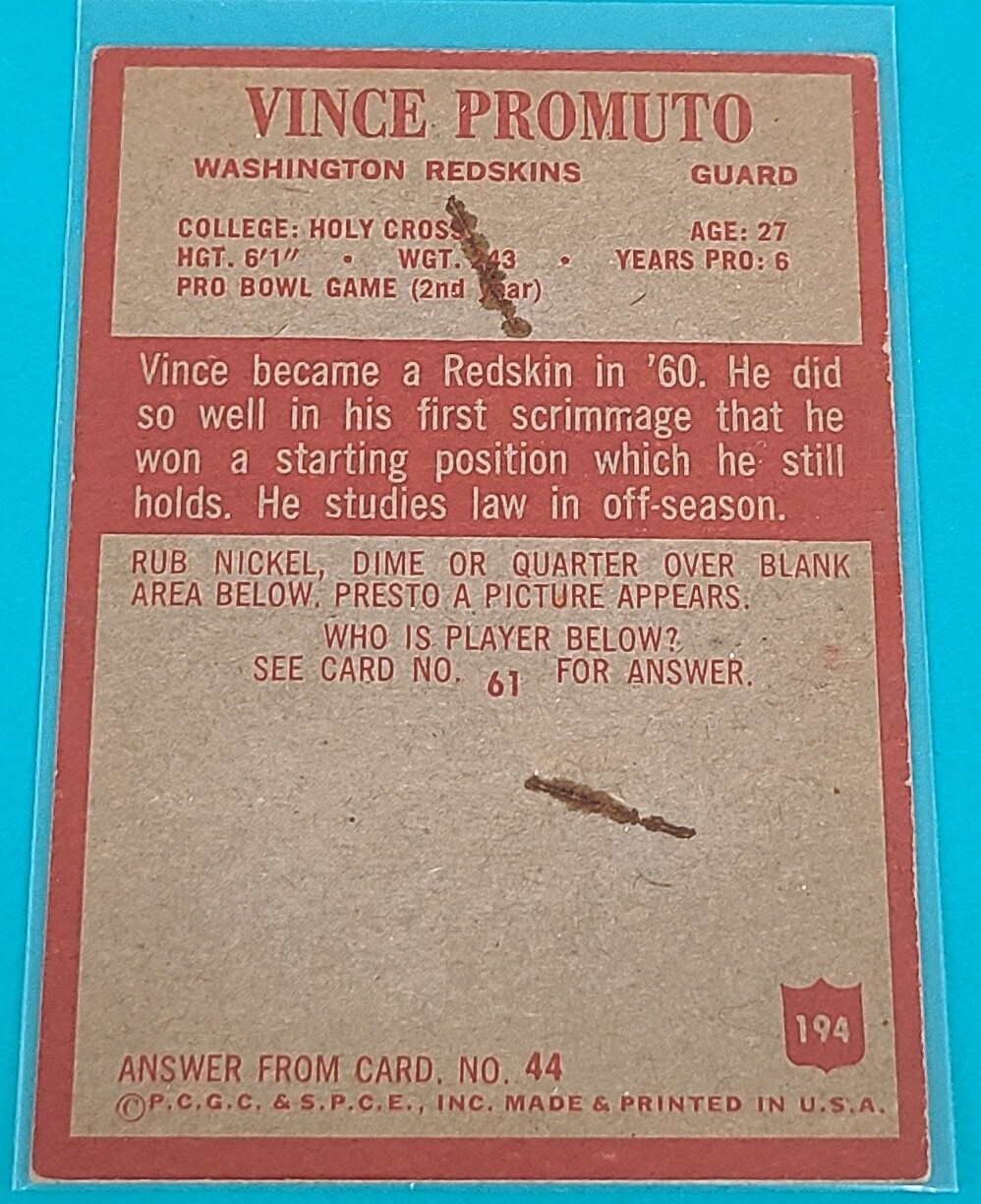 1965 Philadelphia #194 Vince Promuto Washington Redskins Football Card ...
