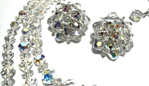 Vintage Jewelry Set Clip Earrings Multi Strand Glass Faceted Bead AB ...