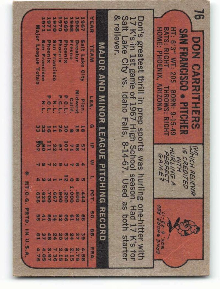 1972 Topps #76 Don Carrithers G/VG Good/Very Good RC Rookie Giants ID ...