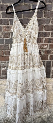 NWT Me 2 Magic Anthropologie Sz L Cream Metallic Tiered Maxi Dress Gold ...