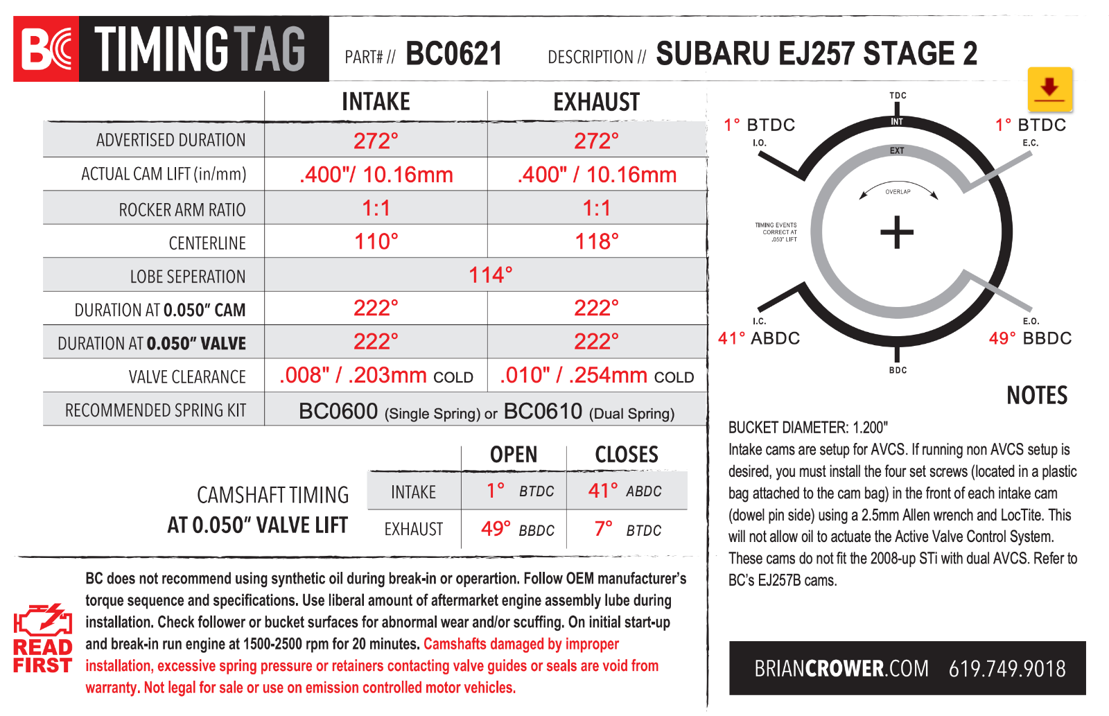 BRIAN CROWER BC STAGE 2 272 CAMS CAMSHAFTS FOR 04-07 SUBARU STI EJ257 ...