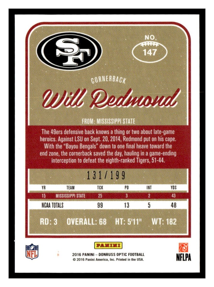 Will Redmond 2016 Donruss Optic 147 SN199 Orange | eBay