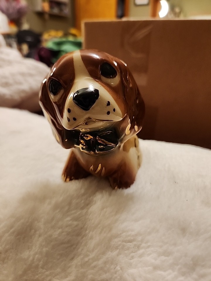 Vintage Small Ceramic Dog Planter Brown Floppy Ears Green Collar Hand ...