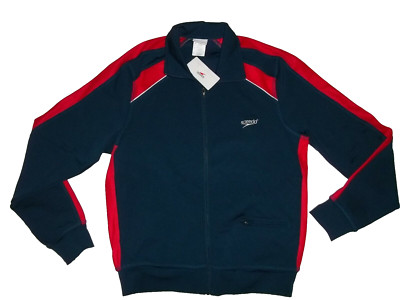 SPEEDO Competitive SWIM Navy Blue / Red Full Zip TRACK JACKET Mens ...