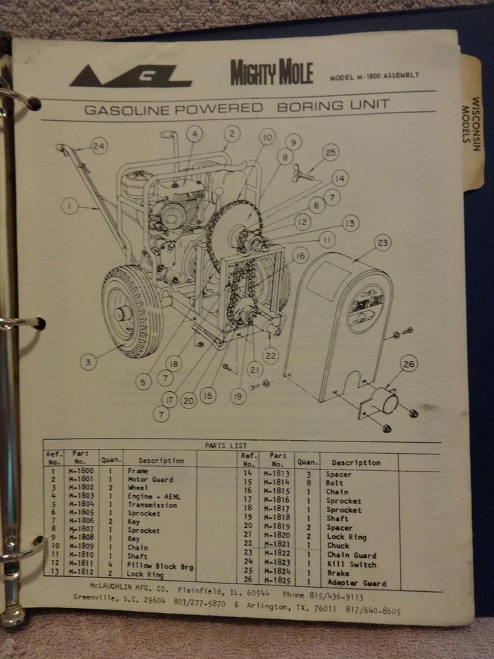 McLaughlin MIGHTY MOLE BORING SYSTEM MOD. M-1800 SERVICE, PARTS ...
