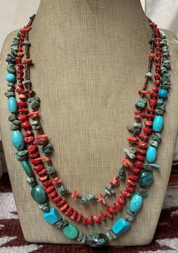 Ethnic Old looking multi-strands turquoise nugget/pebble/coral necklace ...