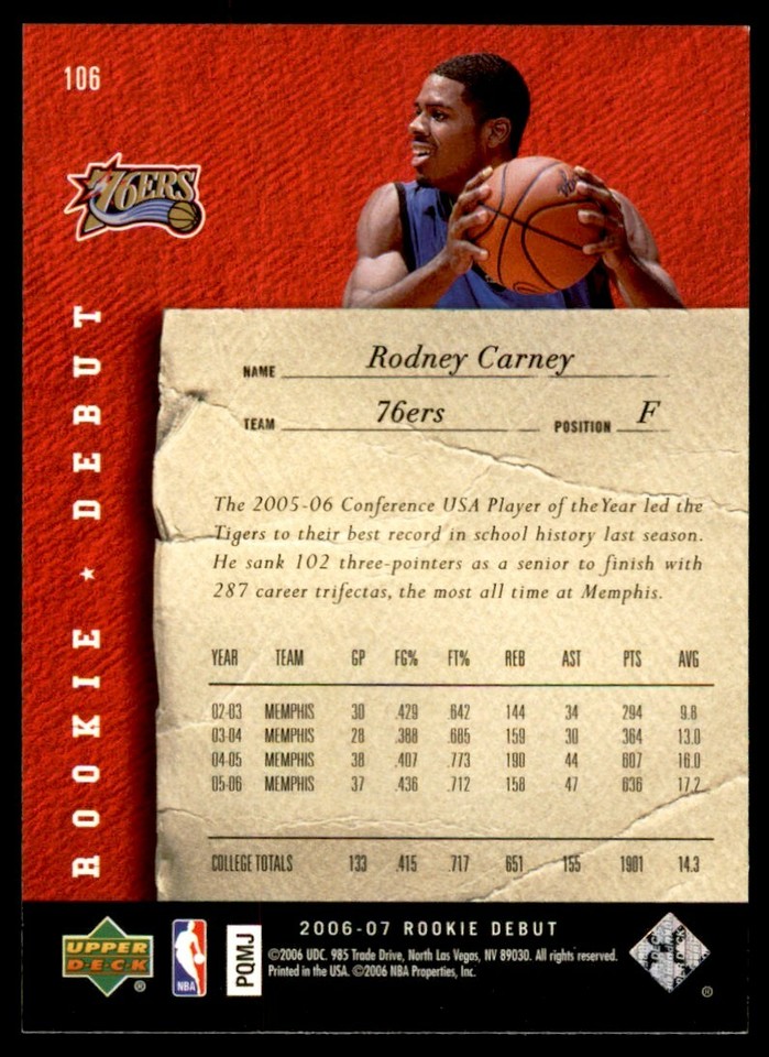 2006-07 Upper Deck Rookie Debut Rodney Carney Rookie Philadelphia 76ers ...