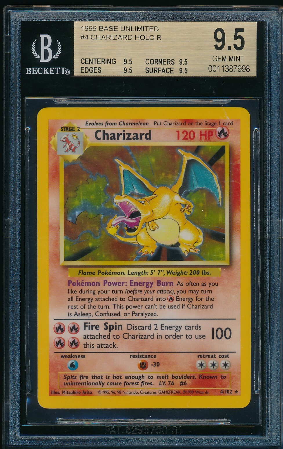BGS 9.5 CHARIZARD 1999 Pokemon Base #4/102 Holo QUAD TRUE GEM MINT (PSA ...