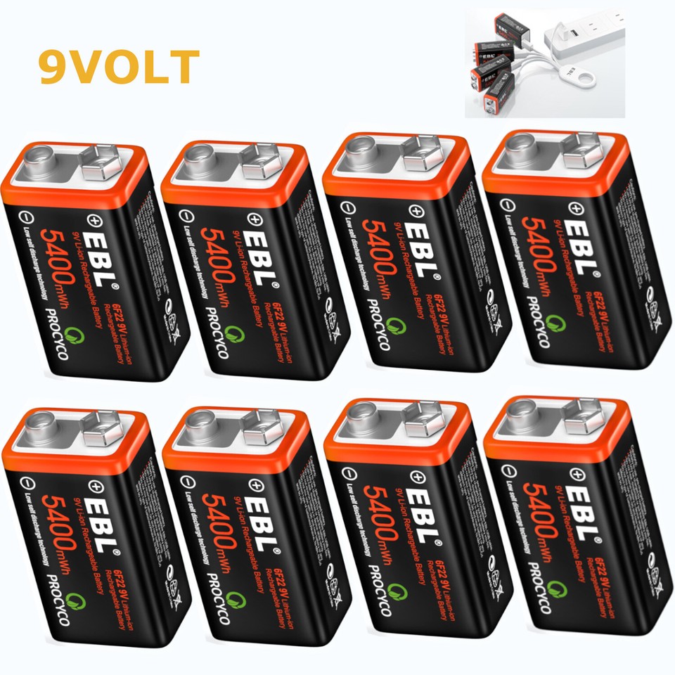 EBL 9V 9 Volt Li-ion USB-C Rechargeable Batteries 5400mWh Lithium ...