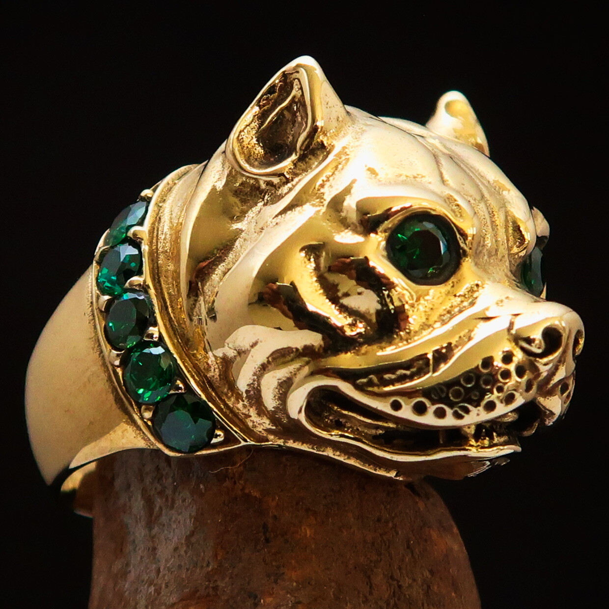 PITBULL RING, MENS PET DOG LOVER RING PITBULL WITH GREEN CZ COLLAR SIZE ...