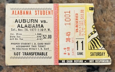 1977 Alabama vs Auburn Football Ticket Student Ticket Stub | eBay