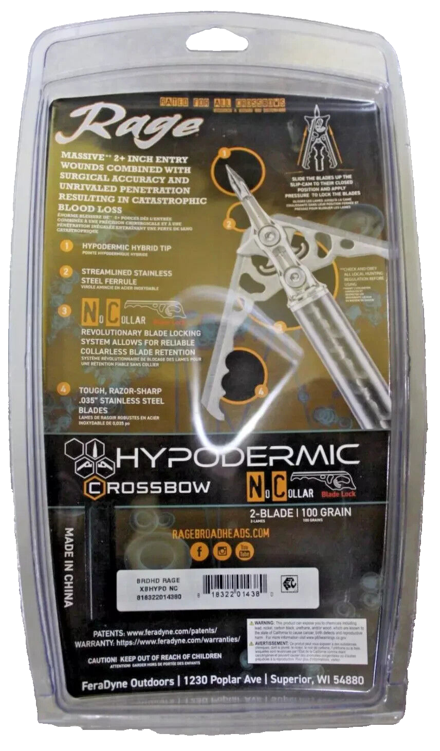 Rage Hypodermic NC Crossbow 100 Gr 2"+ Cut Broadheads FREE SHIPPING! | eBay