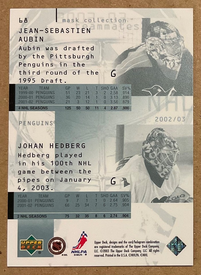 2002-03 JOHAN HEDBERG/J. S. AUBIN UD MASK COLLECTION TEAMMATES CARD #68 ...