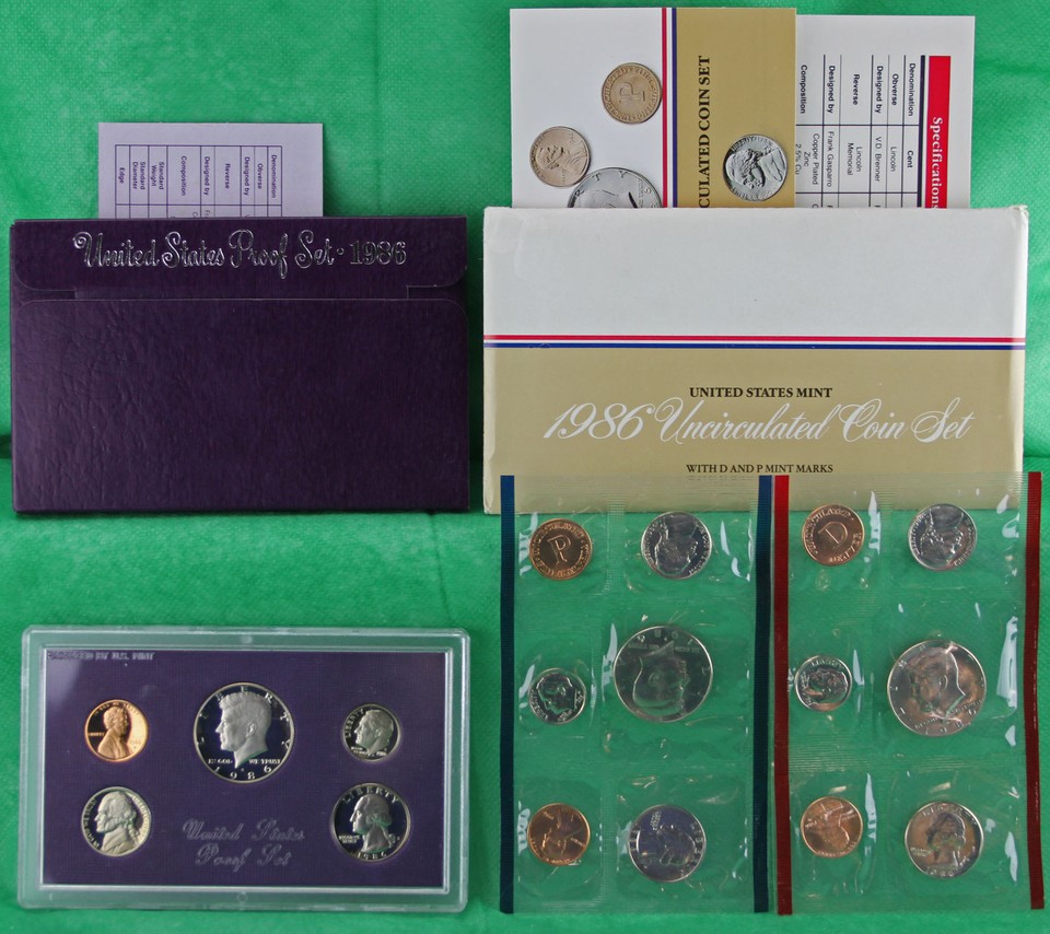 1986 Proof and Uncirculated Annual US Mint Coin Sets PDS 15 Coins as ...
