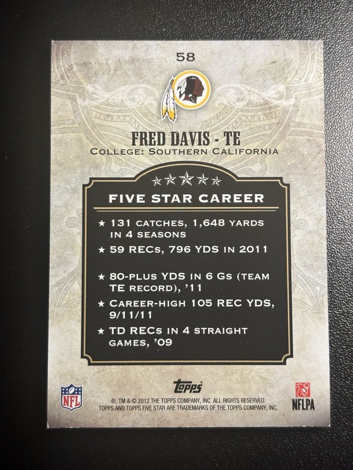 2012 Topps Five Star Football Fred Davis /139 Gold Base #58 Washington ...