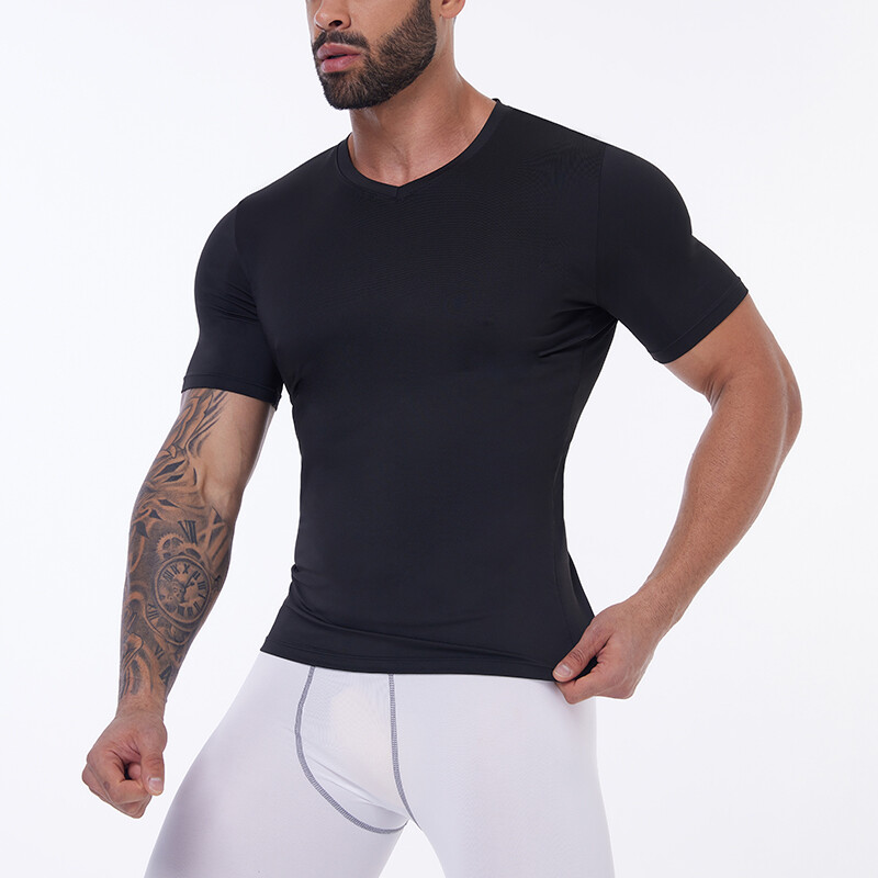 Stretch Mens V-neck Compression T-Shirt Short Sleeve Athletic Tops ...
