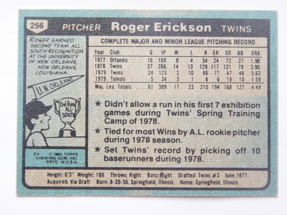 Roger Erickson #256 Topps 1980 Baseball Card (Minnesota Twins) VG | eBay