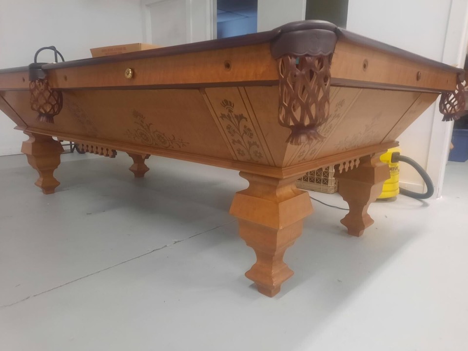 ANTIQUE 1890 BRUNSWICK 9' POOL TABLE- marquetry inlaid, extras, 4 1.5 ...