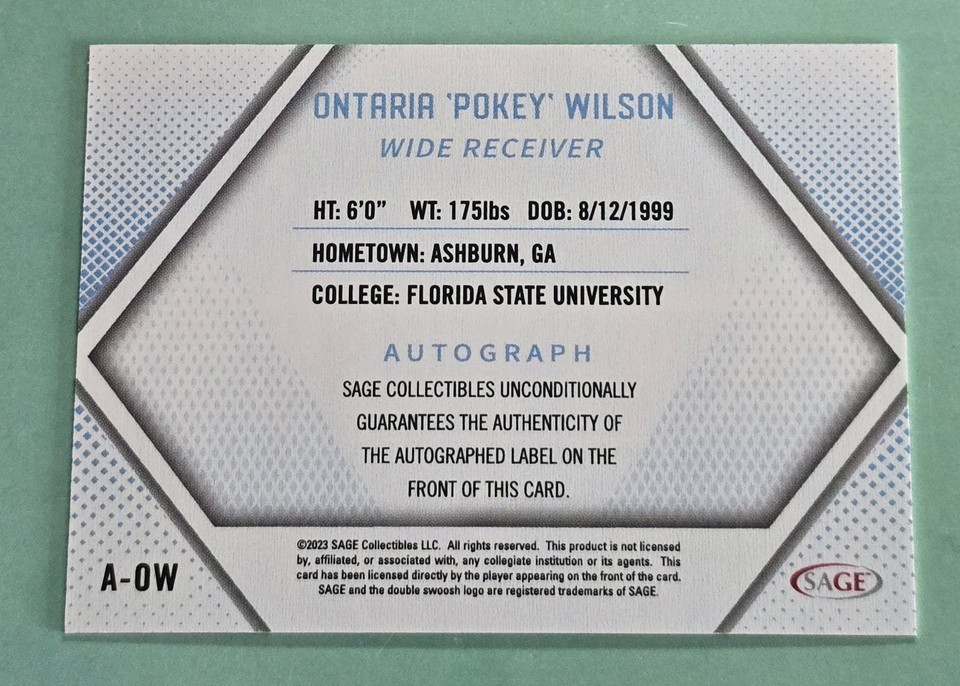 2023 Sage POKEY WILSON Rookie RC Auto Red #A-OW Florida State Seminoles ...