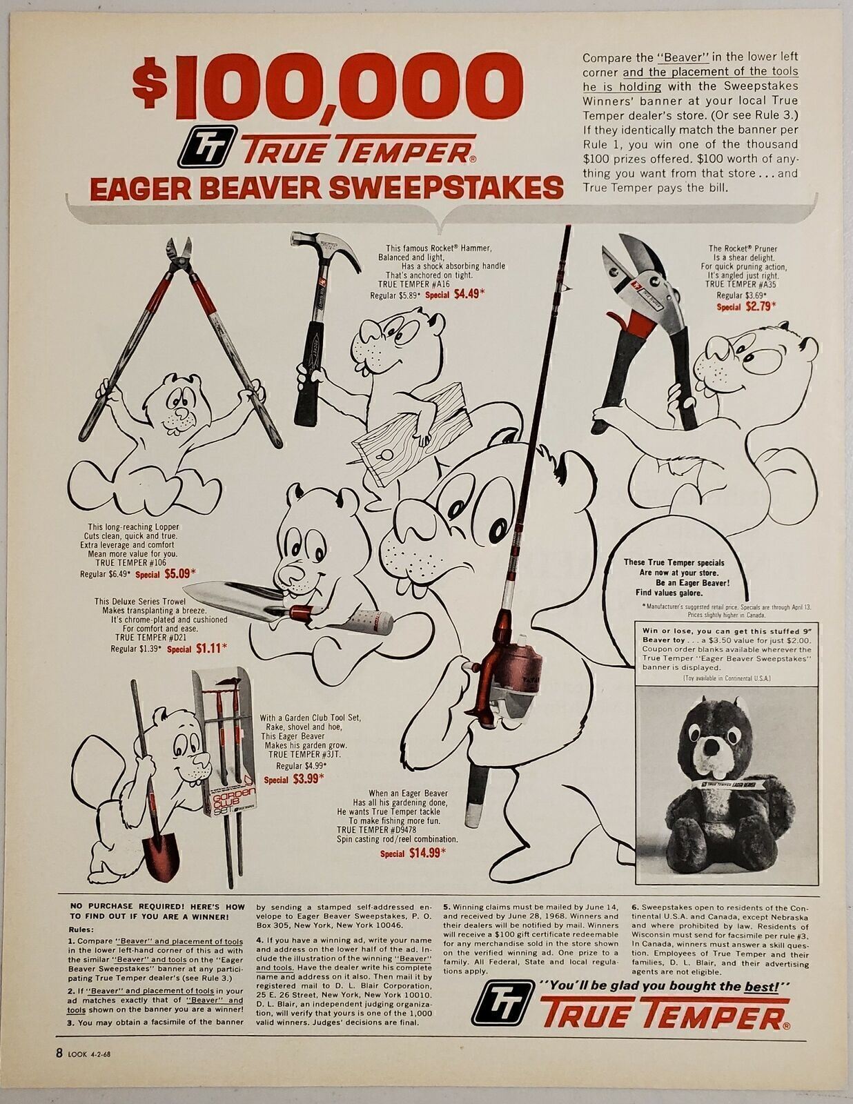 1968 Print Ad True Temper Tools & Fishing Tackle Eager Beaver ...