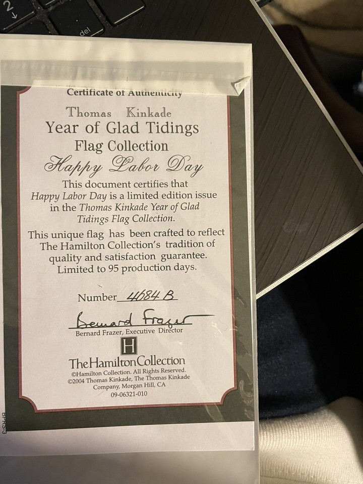 NEW THOMAS KINCADE GLAD TIDINGS FLAG=HAPPY LABOR DAY & CERTIFICATE ...