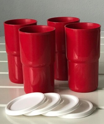 New Tupperware 12oz Tabletop Stackable Tumbler Cups Set/4 Red w/ white ...