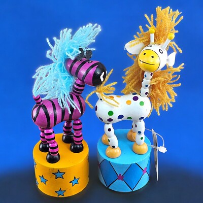 Zoo Wood Push Puppet Hand Painted Zebra Giraffe Toy Collapsing Figures ...