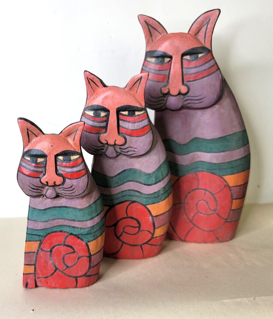 Set of 3 Laurel Burch Style Cats Wood Hand Painted Indonesia F | eBay