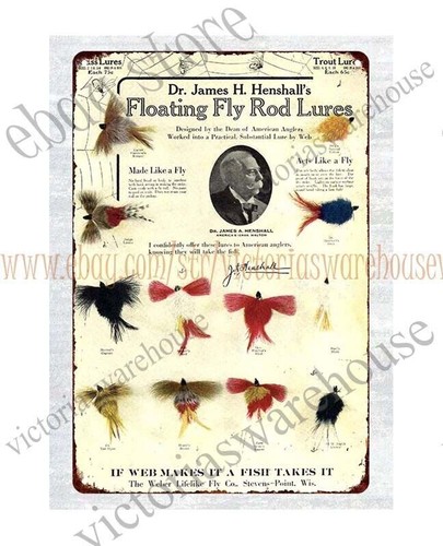 1931 Dr James Henshall Floating Fly Fishing Rod Lures metal tin sign ...