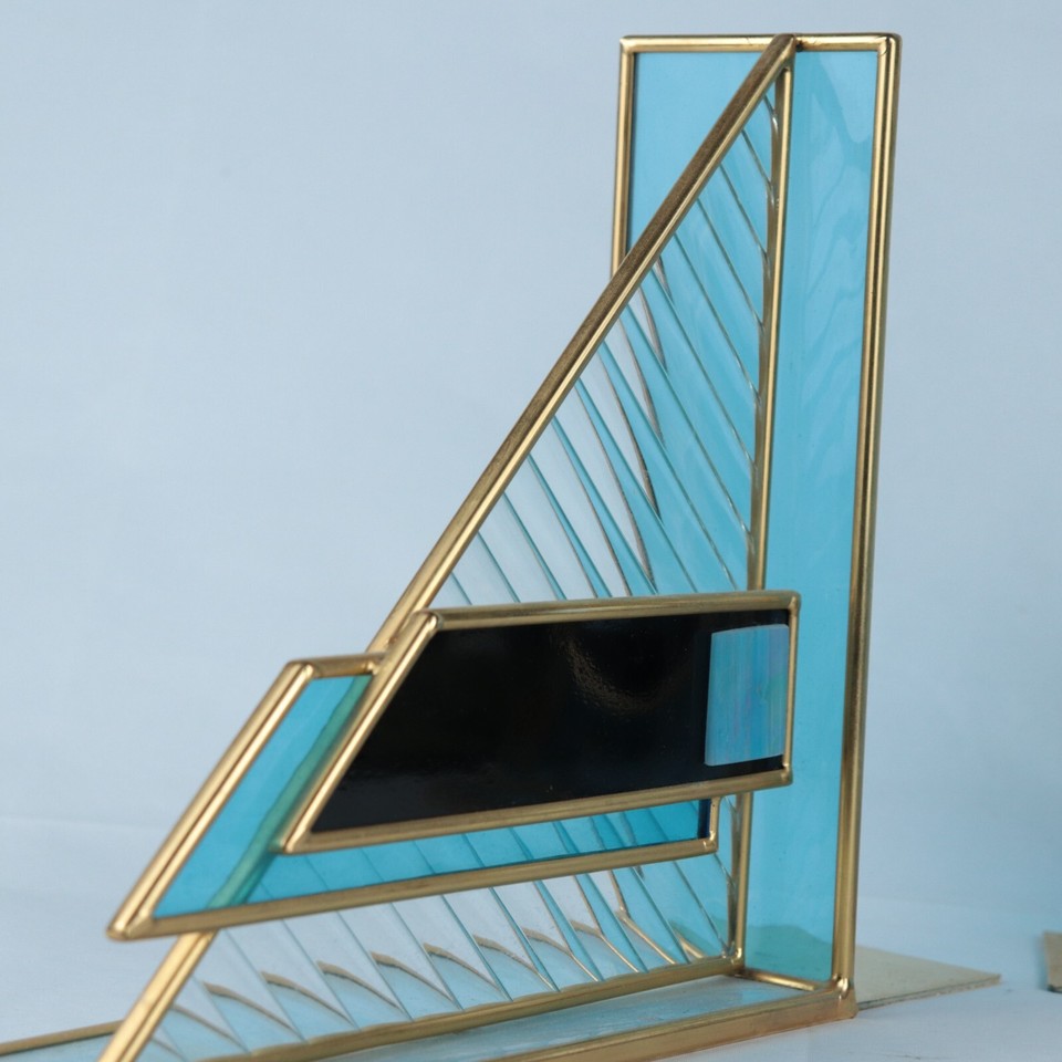 Art Deco Geometric Stained Glass Postmodern Designer Bookends | eBay